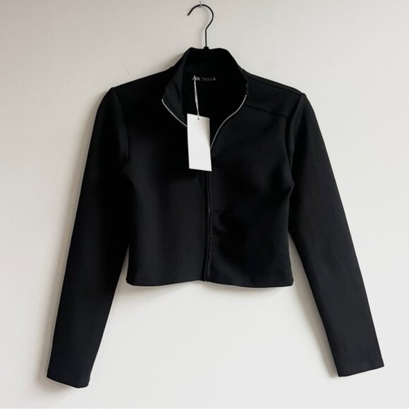 Zara | Tops | Zara Black Stretchy Cropped Zip Up Workout Track Jacket ...